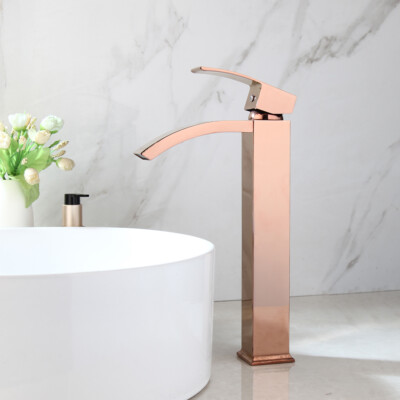 Bathroom Rose Gold Basin Sink Mixer Faucet Single Handle/Hole Waterfall ...