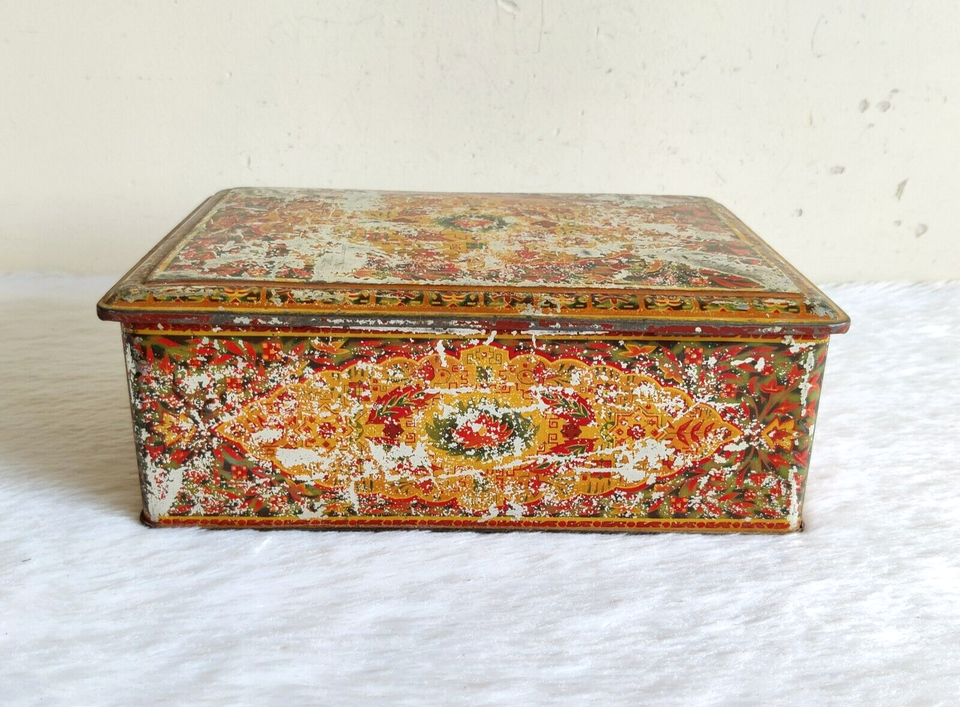 Vintage Floral Design Graphics Multi Color Litho Tin Box Old Decorative ...