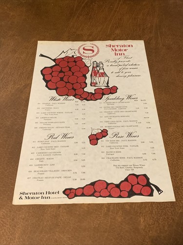 Rare Vintage - Sheraton Hotel & Motor Inn Wine List Menu | eBay