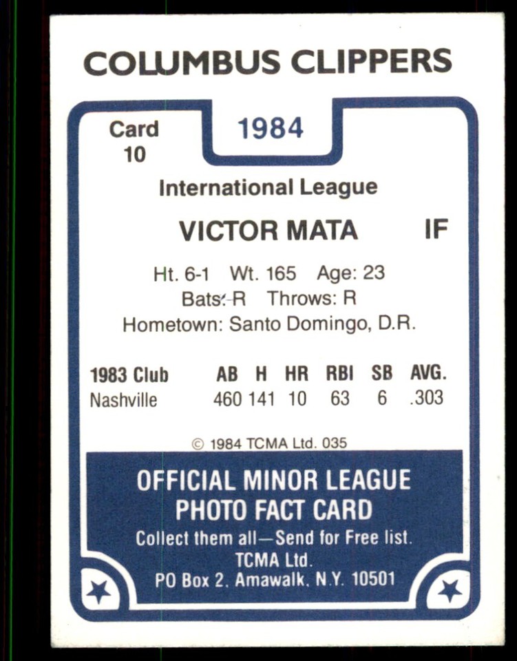 1984 TCMA Minor League Victor Mata (I) Columbus Clippers #10 | eBay