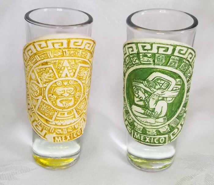 Pair Of Mexico Souvenir Aztec Mayan Shot Glasses With Resin/Ceramic ...