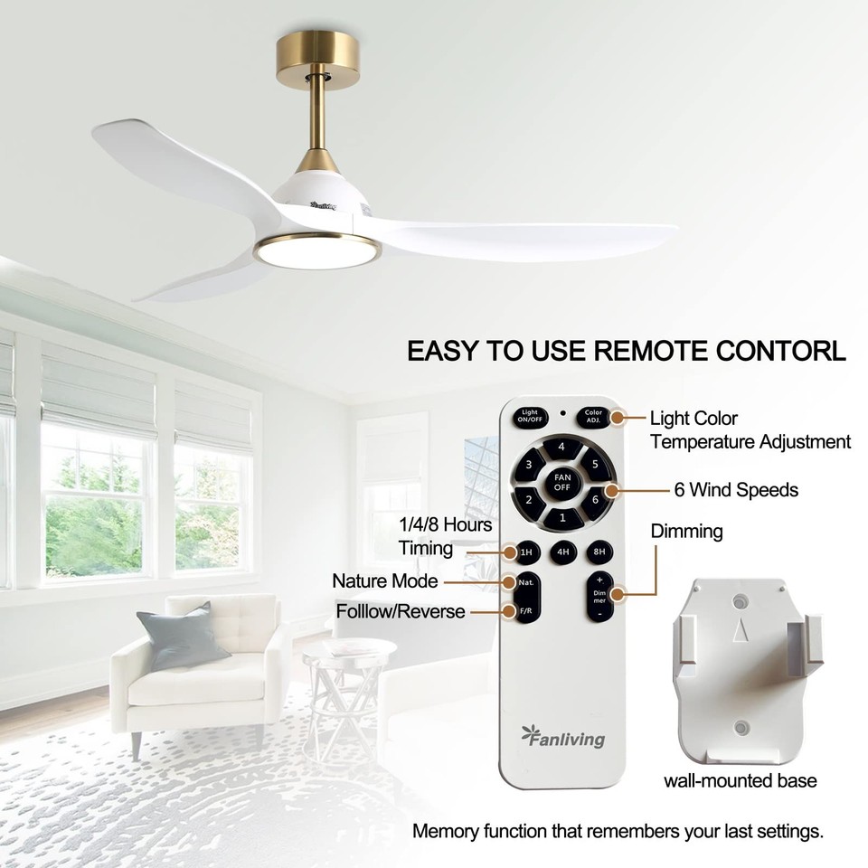 Fanliving 52 Inch 6 Speed High CFM Quiet DC Motor Modern Ceiling Fan ...