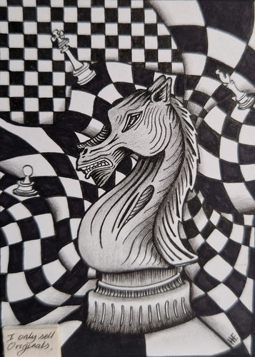 Aceo original ink and graphite pencil drawing. Signed HF. Chess. Knight ...