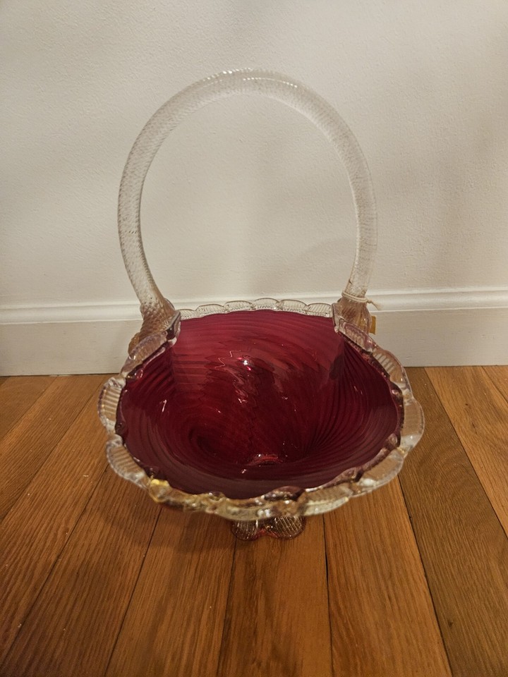 Murano alfredo Barbini art glass red swirl rigare gold adventure basket ...