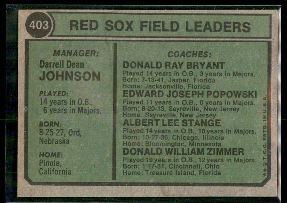 1974 Topps Darrell Johnson MGR #403 Boston Red Sox | eBay