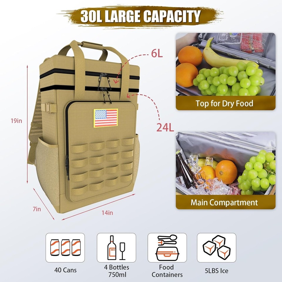 Tactical Backpack Cooler 40 Cans Waterproof Leakproof Insulated Lunch ...