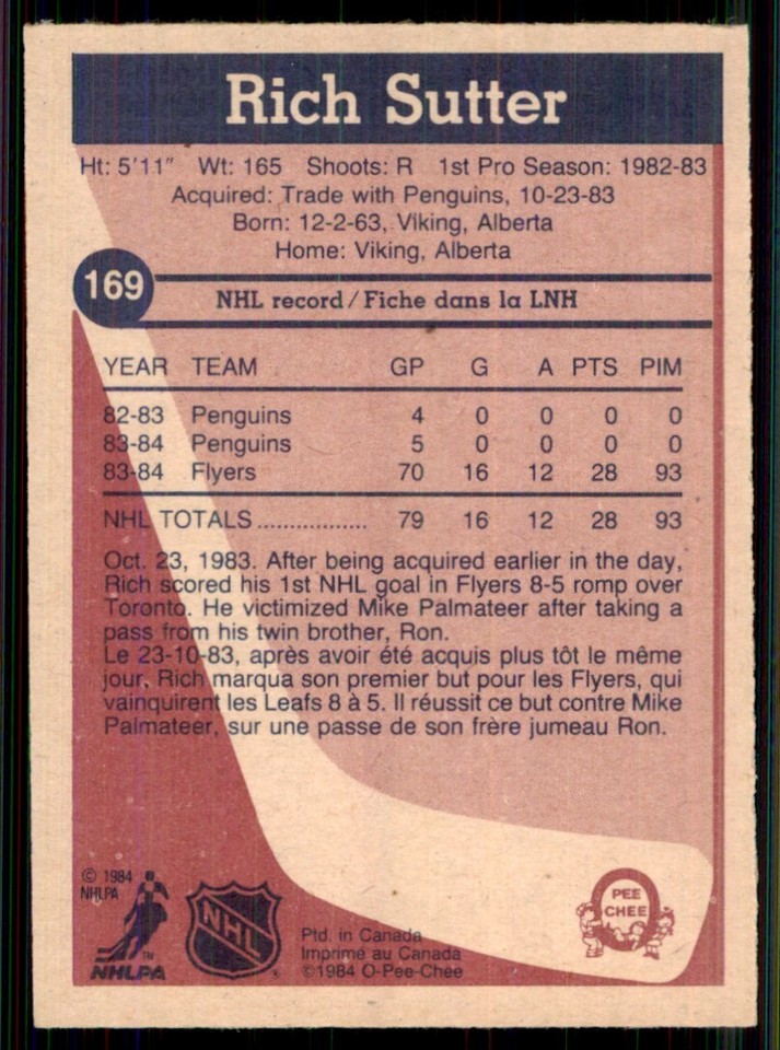 1984-85 O-Pee-Chee Rich Sutter RC Philadelphia Flyers #169 | eBay