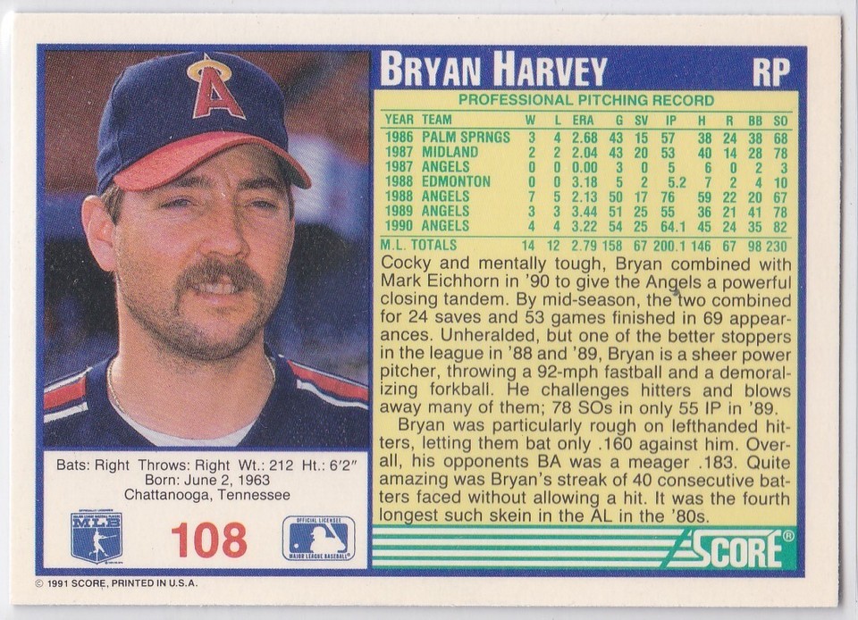 M) 1991 Score Baseball Trading Card - Bryan Harvey #108 | eBay