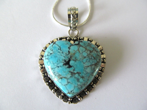 NEW LARGE HEART SHAPE POLISHED TURQUOISE DESIGN PENDANT STERLING SILVER ...
