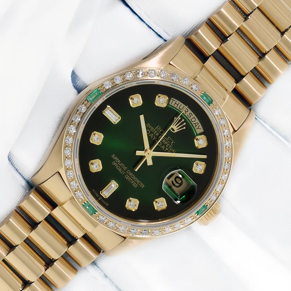 ROLEX MENS DAYDATE GREEN DIAMOND DIAL - EMERALD BEZEL - 18K GOLD ...