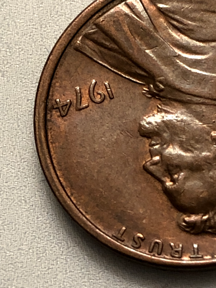1974 NMM LINCOLN PENNY ERROR: WITH WIDE AM, STRUCK OFF CENTER PARTIAL ...