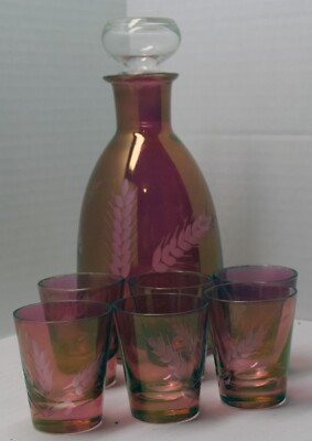 Nice Vintage Light Ruby Red Decanter w 6 Small Cordial Glasses w Wheat ...
