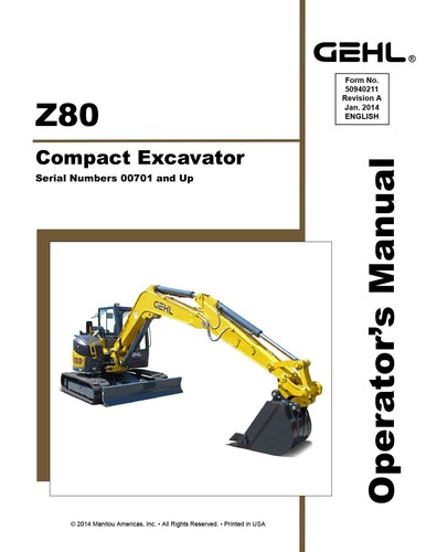 GEHL Z80 Compact Excavator Owners Operators Manual 50940099 2014 FREE S ...