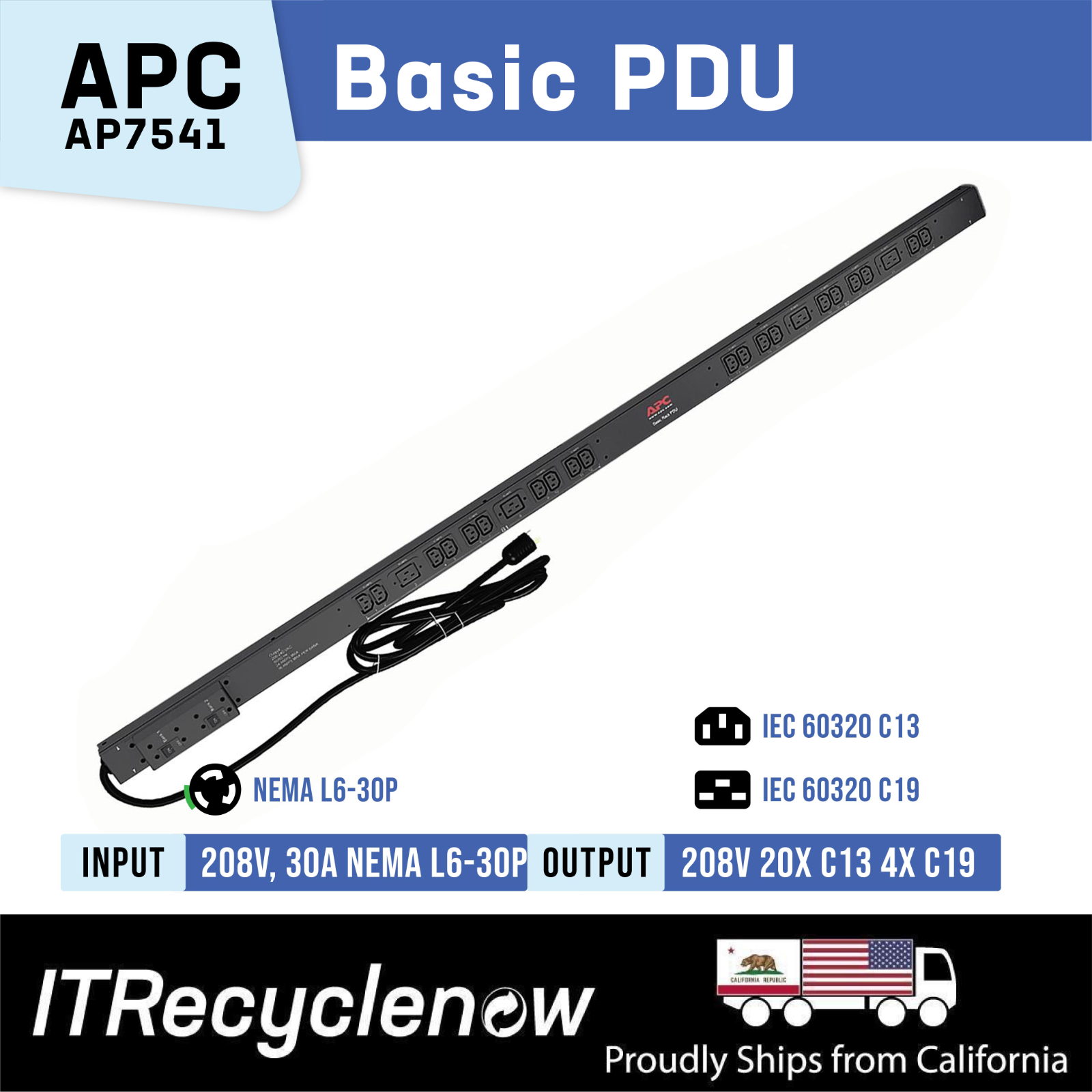 L6-30P Basic Rack PDU 20x C13 4x C19 200V - 208V 5kVA APC AP7541 30A 24 ...