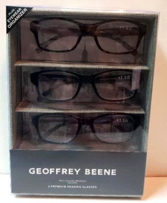 NIB Designer GEOFFRY BEENE 3/pk Premium Reading Glasses + Organizer +1. ...