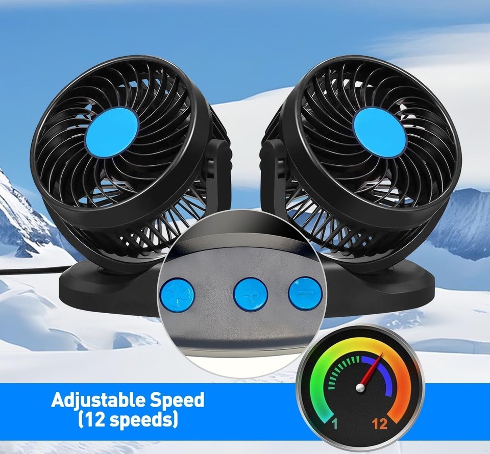 12V Car Fan, 5'' Portable Auto Cooling Fan, Adjustable Dual Head 360 ...