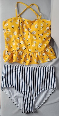 Yellow Floral Tankini Top With Blue Striped Bottoms Size Medium Free ...
