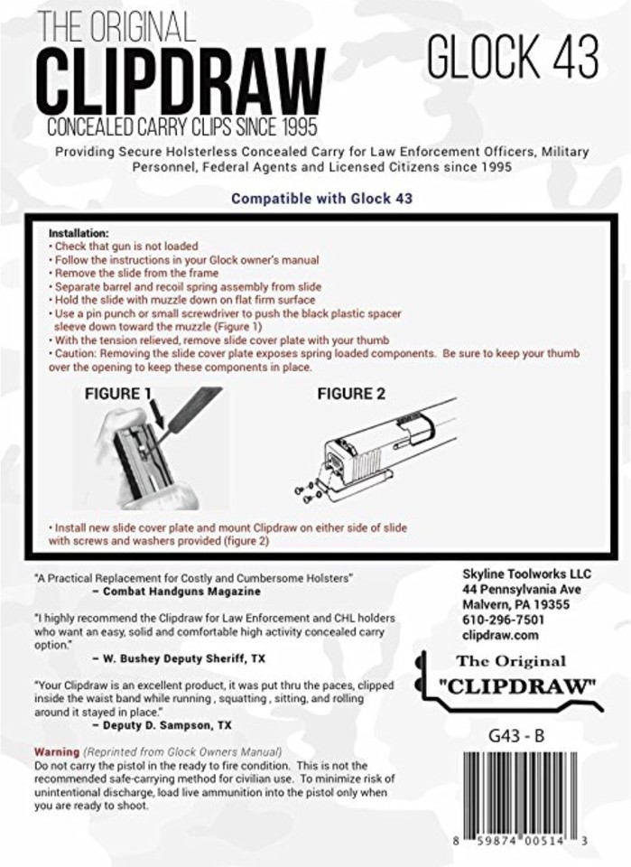 Clipdraw for Glock 43 9mm Holster Belt Pant Clip Waistband Conceal G43 ...