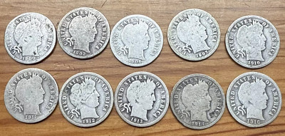 1892-1916 Barber Dime Collection Lot Set Of 10 All Different Average ...