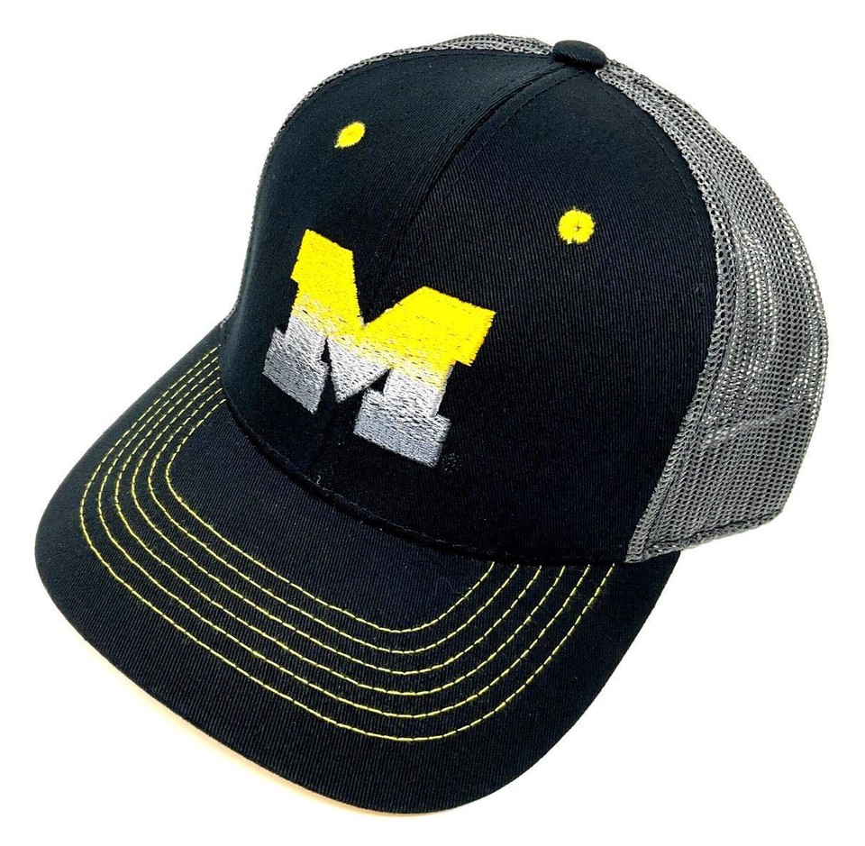 UNIVERSITY OF MICHIGAN WOLVERINES LOGO BLACK GREY MESH TRUCKER SNAPBACK ...