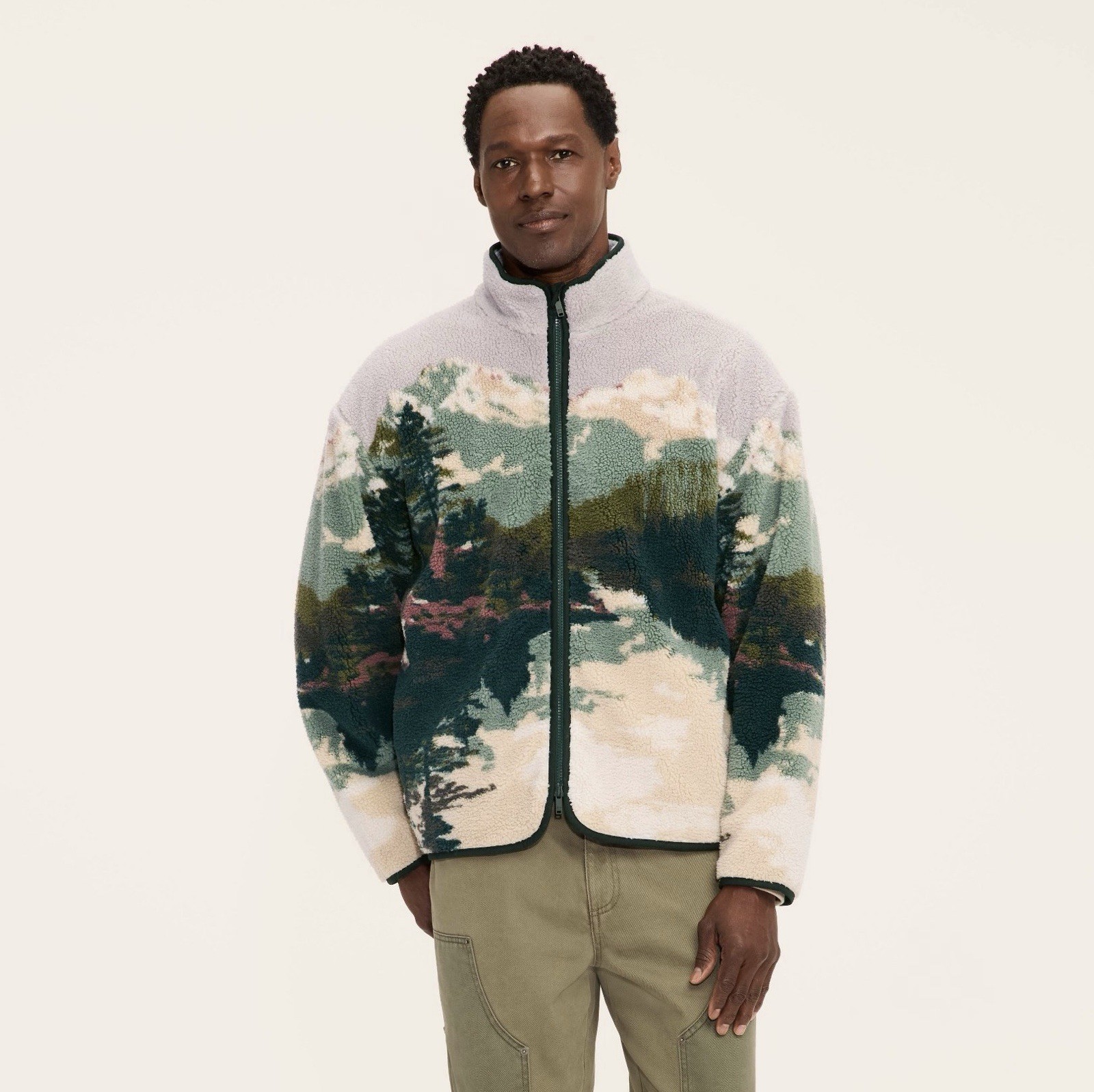 Woolrich x Target Zip-Up Fleece Jacket Green Cream Landscape Print ...