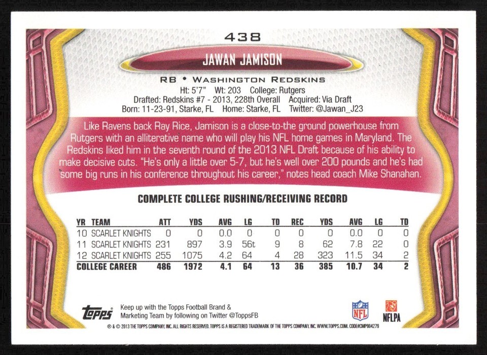 2013 Topps Football Jawan Jamison RC #438 Washington Redskins | eBay
