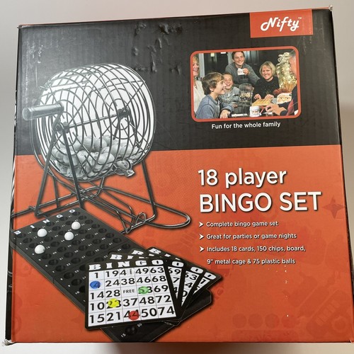 18 Card Bingo Set 9” Metal Cage 75 Numbered Balls Chips & Board Nifty ...
