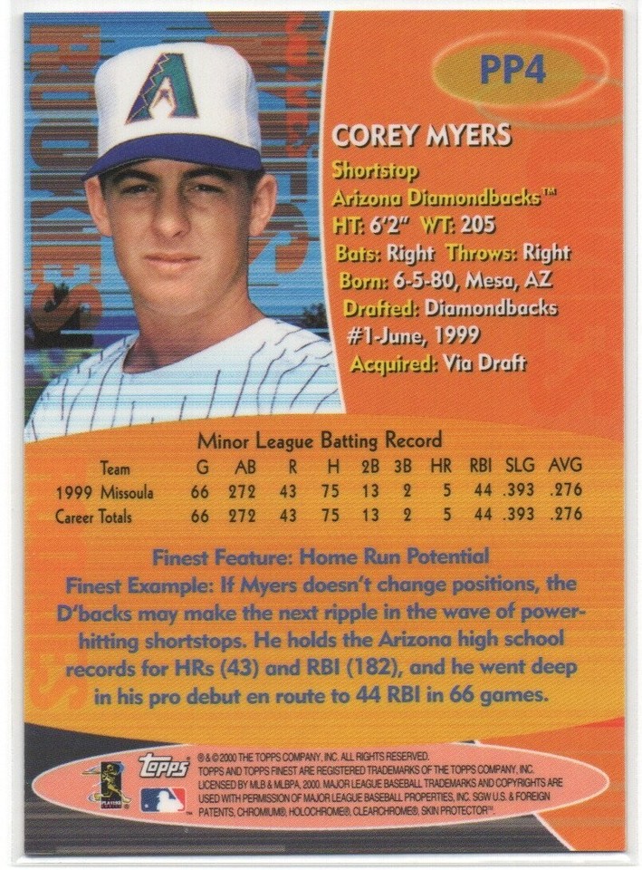Corey Myers 2000 Finest Pre-Production #PP4 Rookie Card Arizona ...