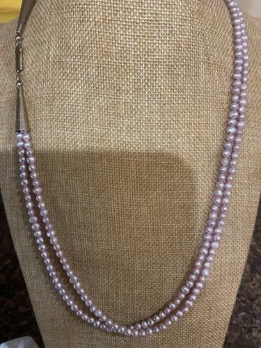 Vintage Pink Double Row Freshwater Pearl Necklace Silver Tone End Caps ...