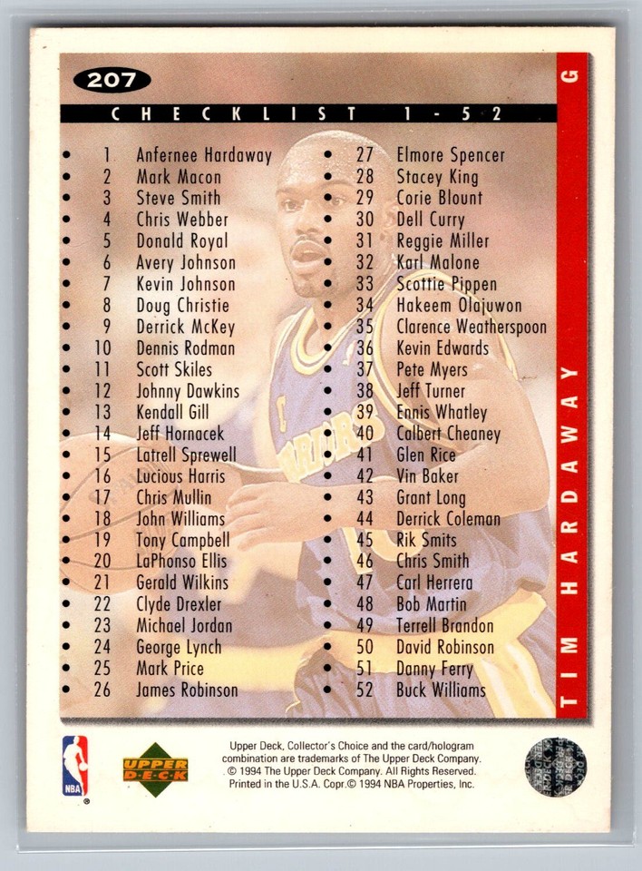 1994 Collector's Choice Checklist #207 Tim Hardaway HOF Golden State ...