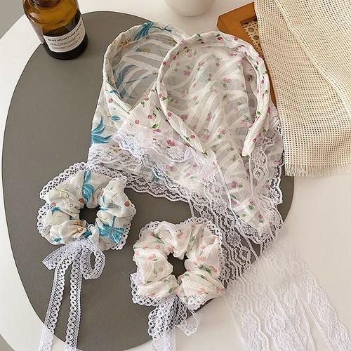 Ins Lace Hair Scarf Floral Print Transparent Headscarf Hat Retro Hair ...