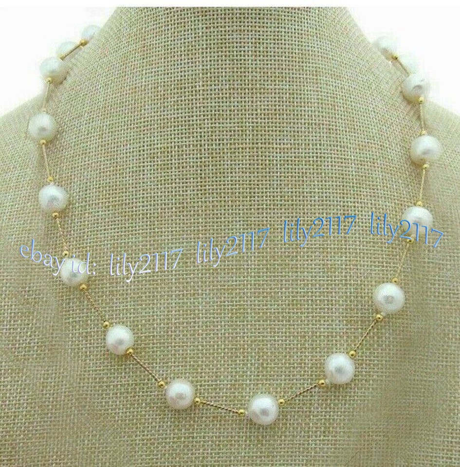 Natural 9-10mm South Sea White Baroque Edison Pearl Station Necklace 14 ...
