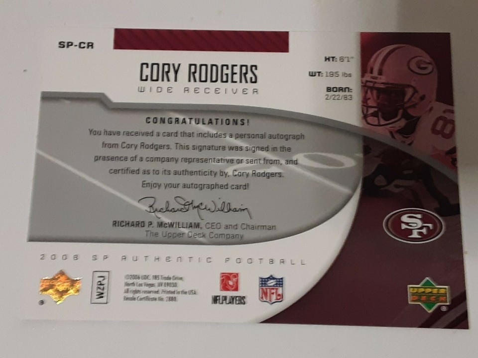 Cory Rodgers Green Bay Packers 2006 Upper Deck SP Certified Autograph ...