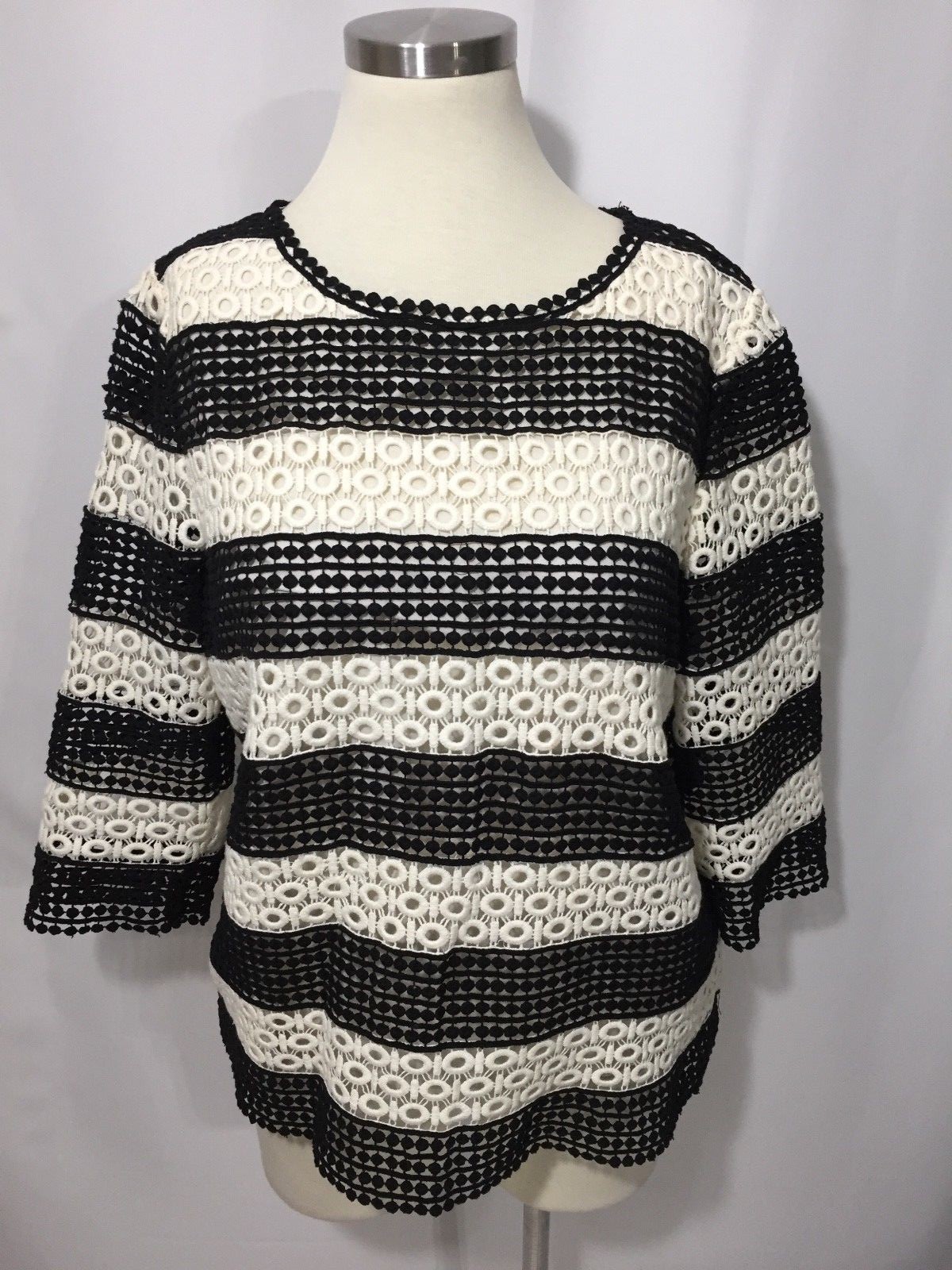 Talbots Black Ivory Crochet Rugby Stripe Blouse Top M… - Gem