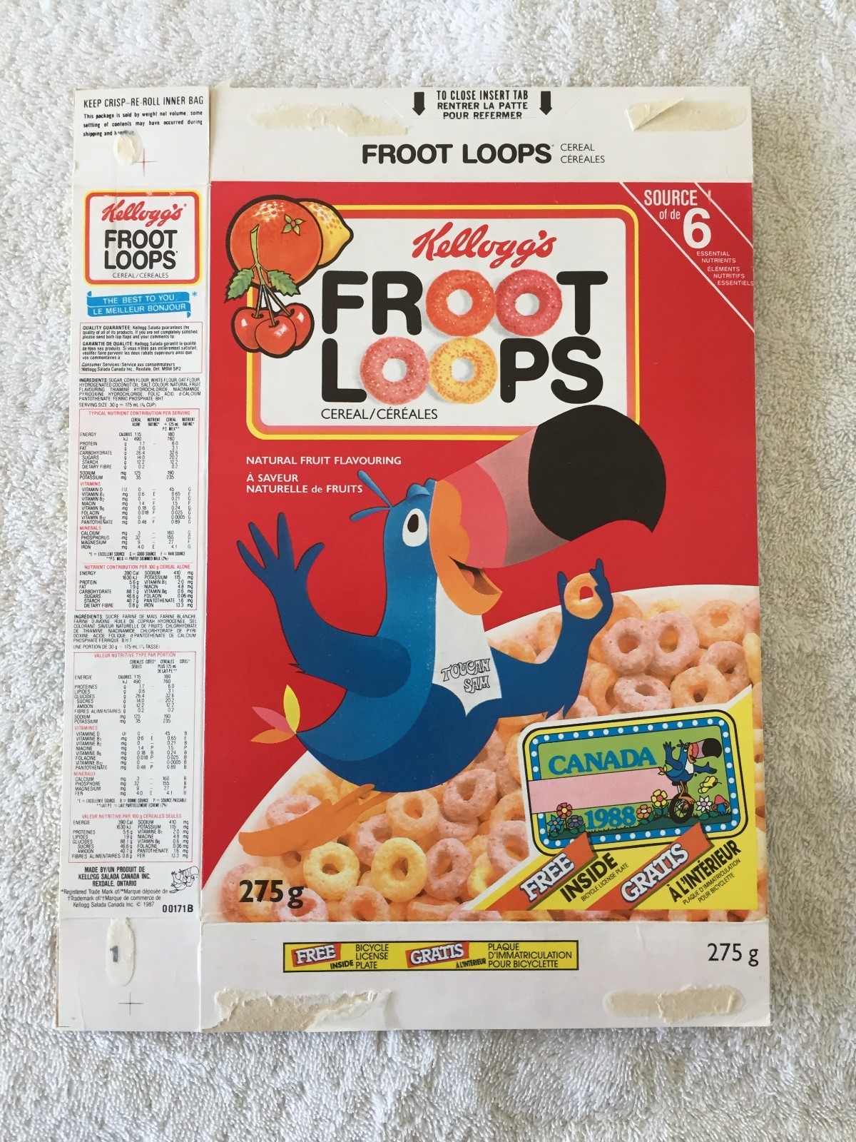 RARE Kellogg Cereal Box FROOT LOOPS Toucan Sam Canada bicycle licence ...