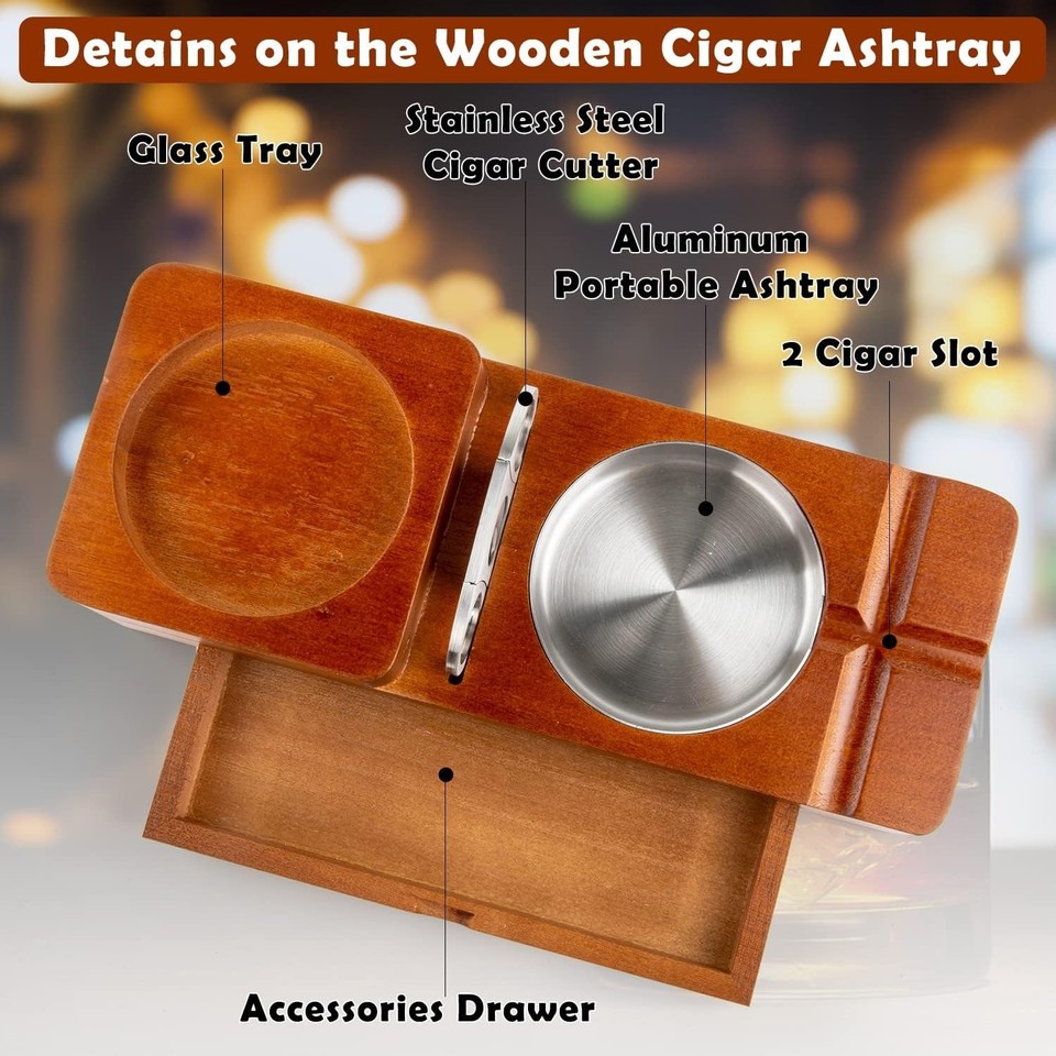 Wooden Ash Cigar Ashtray Whiskey Coaster Tray Holder Large Drawer | eBay