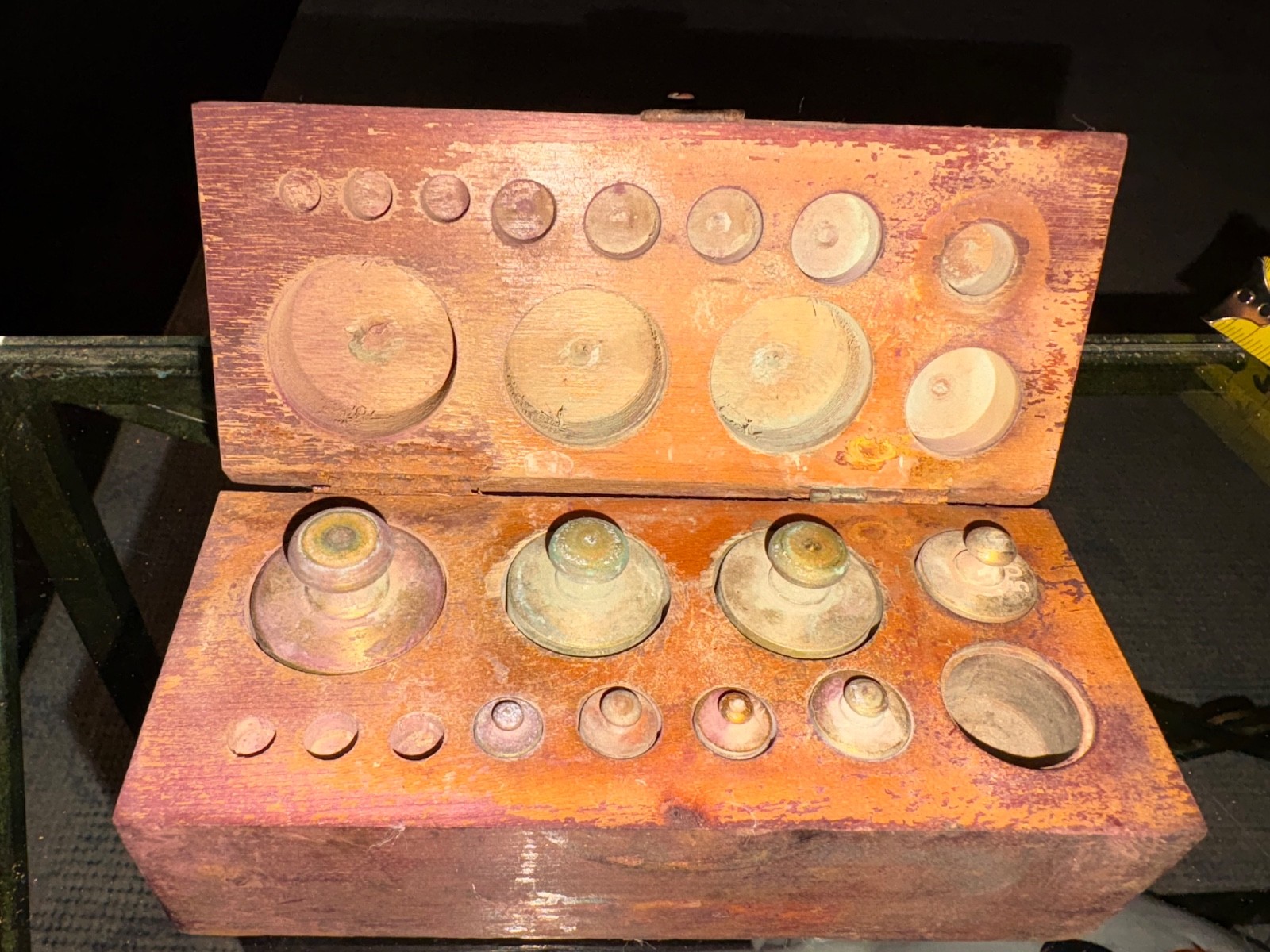 Antique Set Of 8 Graduated Brass Scale Calibration Weight In Wood Block ...