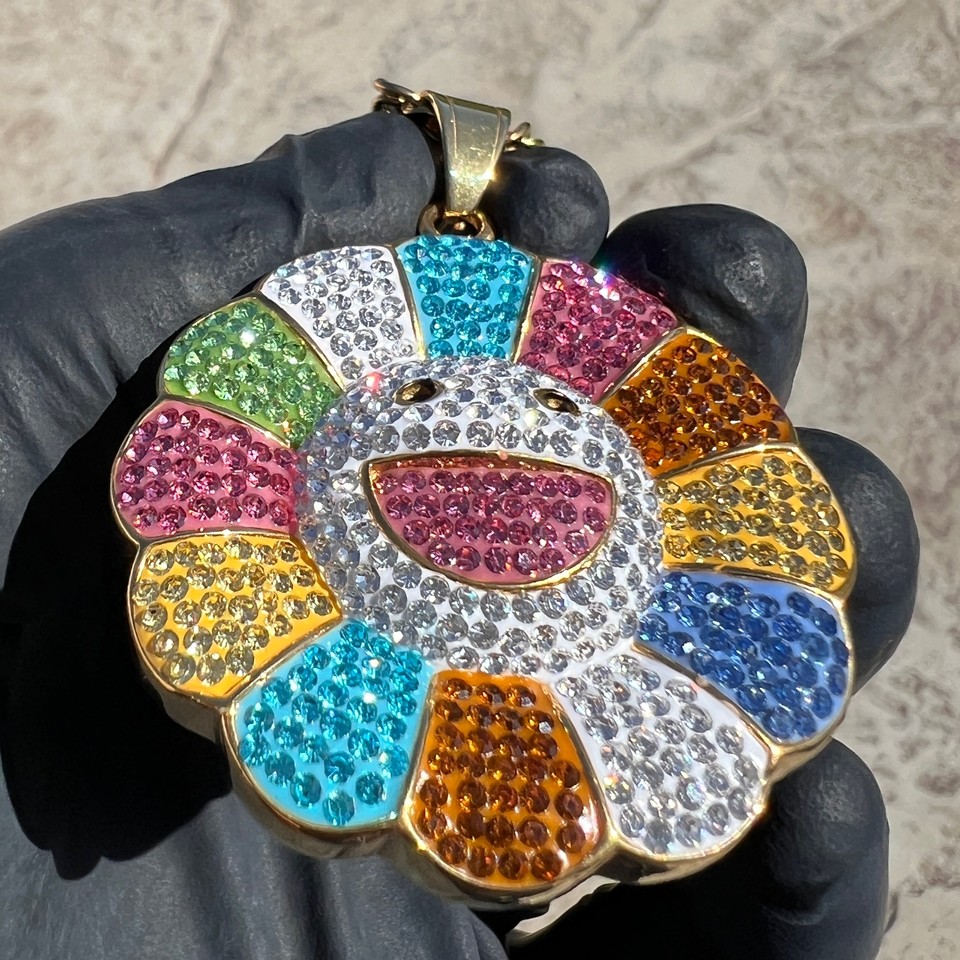 Rainbow Flower Happy Face CZ Pendant Gold Plated Stainless Steel Cuban ...
