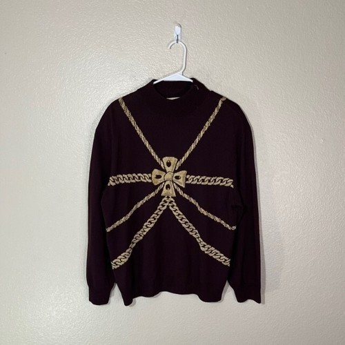 St John Sweater Womens Large Brown Gold Santana Knit Pullover Chain Bow ...