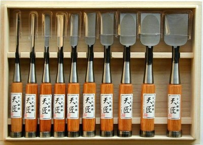 Japanese Chisel Set 10pcs Tensho Hand Forged Oire Nomi Red Oak Handle ...