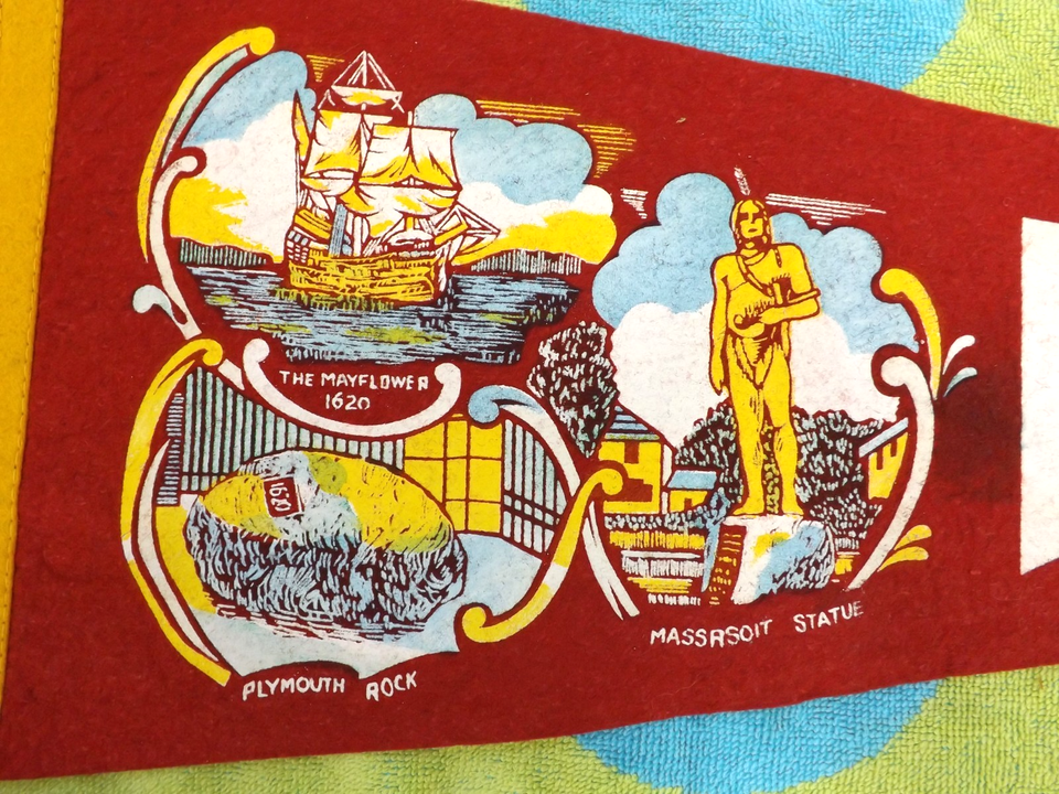 VINTAGE 1950s PLYMOUTH MASSACHUSETTS PENNANT BANNER 26" FLAG MAYFLOWER ...