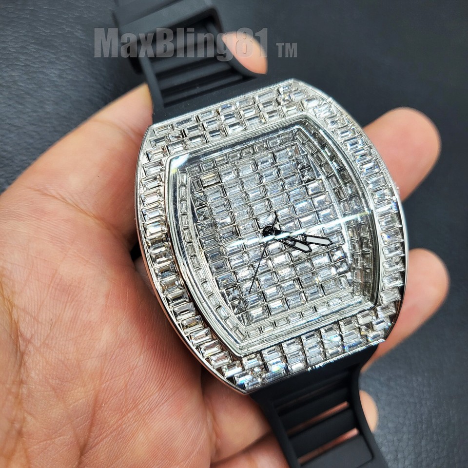 Men Luxury Watch Iced Bling Rapper Baguette Stone Silicone Band Fashion ...