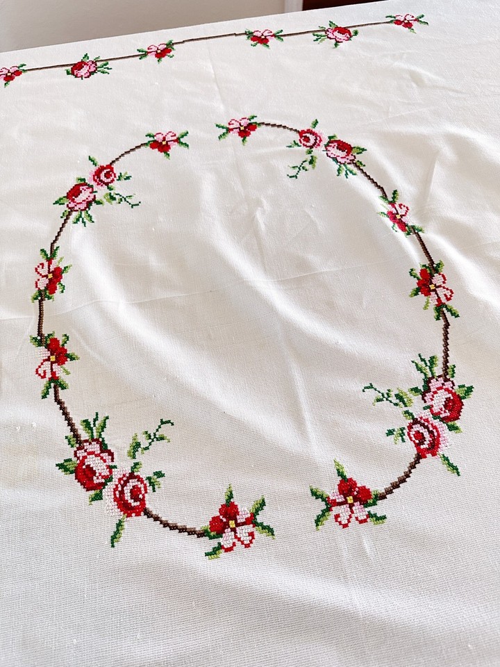 Vintage Tablecloth Hand Embroidered Cross Stitch Floral Rose Large 77 ...