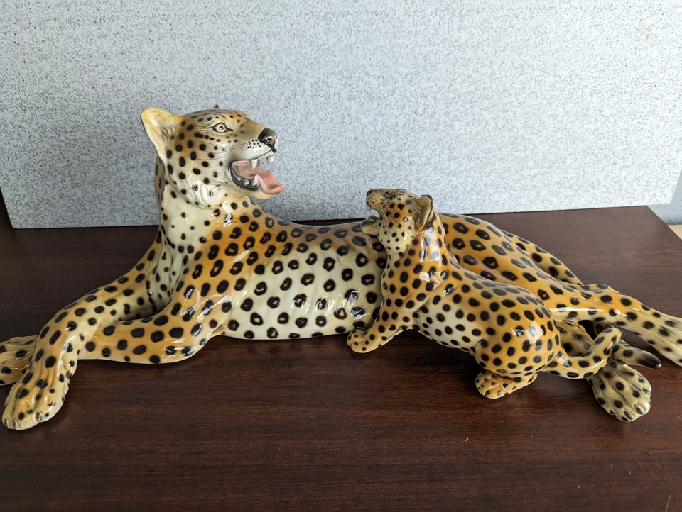 Vintage Ronzan Leopard Figurine Resting Attacking Cub Statue Made in ...