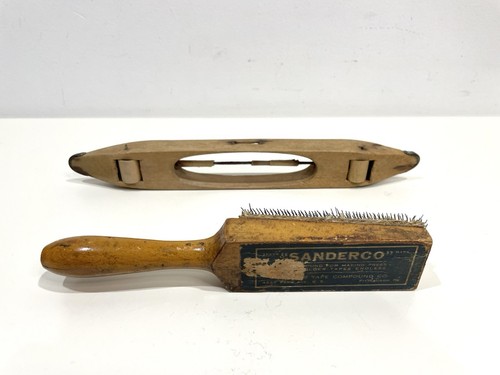 Vtg Weaving Loom Tools Shuttle Boat Carding Brush Wool Sheep Textile ...