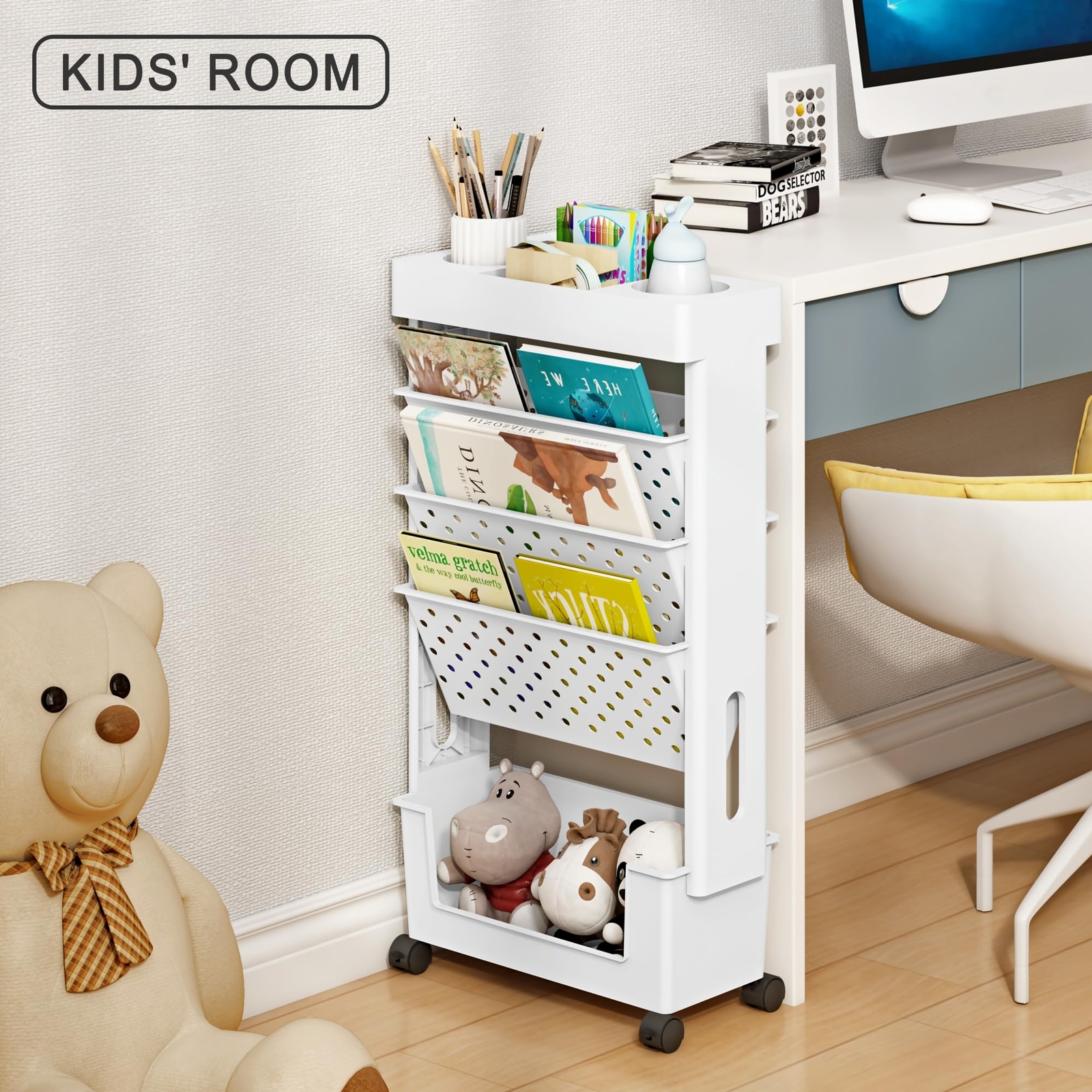 5tier Mobile Bookshelf Rolling Bookcase Book Storage Rack Movable File ...