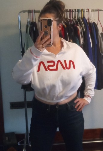 NASA Cropped Hoodie Sweater Hyper Space White Red Letters Juniors Large ...