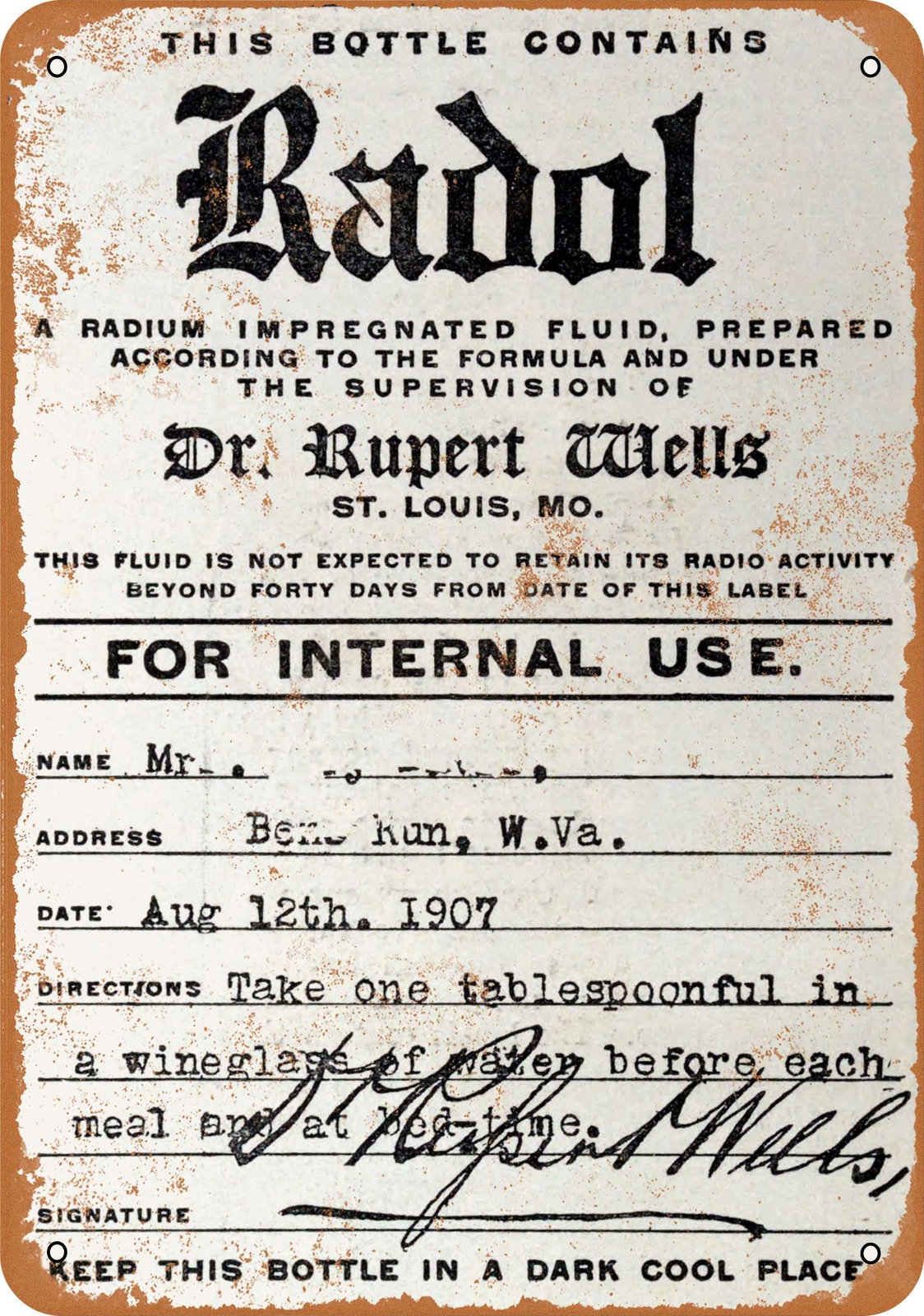 Metal Sign - 1911 Radol Radium Medicine Prescription - Vintage Look Rep ...