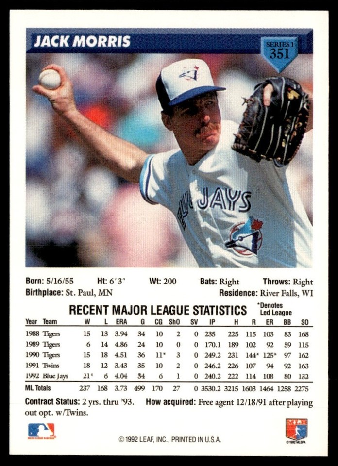 1993 Donruss Jack Morris Toronto Blue Jays #351 | eBay
