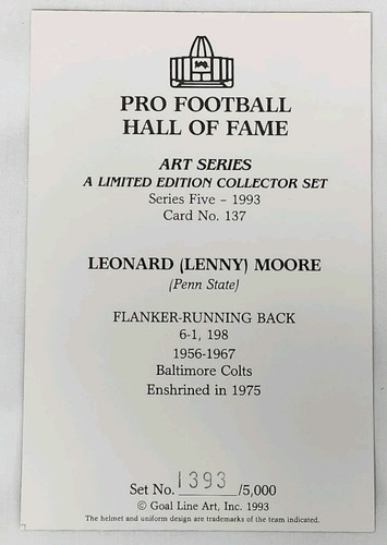 Lenny Moore Signed Autographed NFL HOF Goal Line Art Card GLAC COLTS | eBay